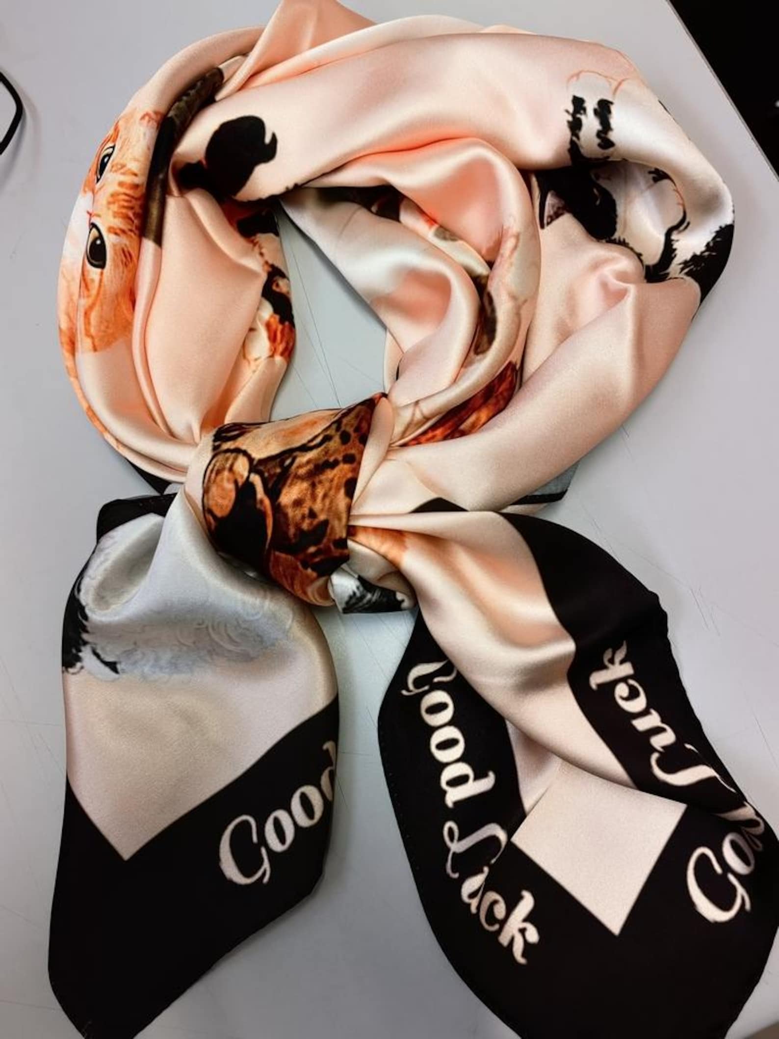 Large Cat Satin Scarf, Cute Rescue Cat Print Silk Scarf, Soft 50D Silk ...