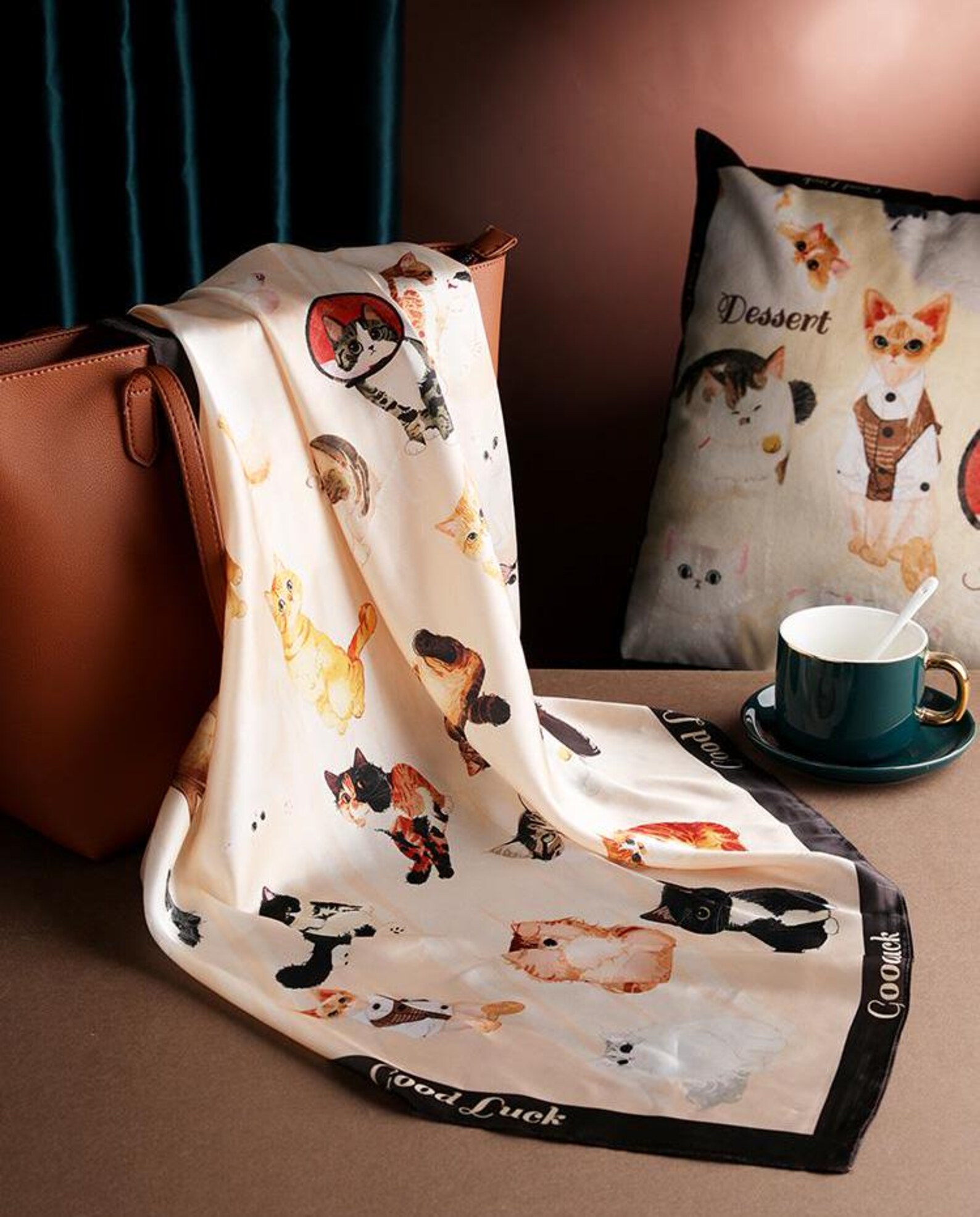 Large Cat Satin Scarf, Cute Rescue Cat Print Silk Scarf, Soft 50D Silk ...
