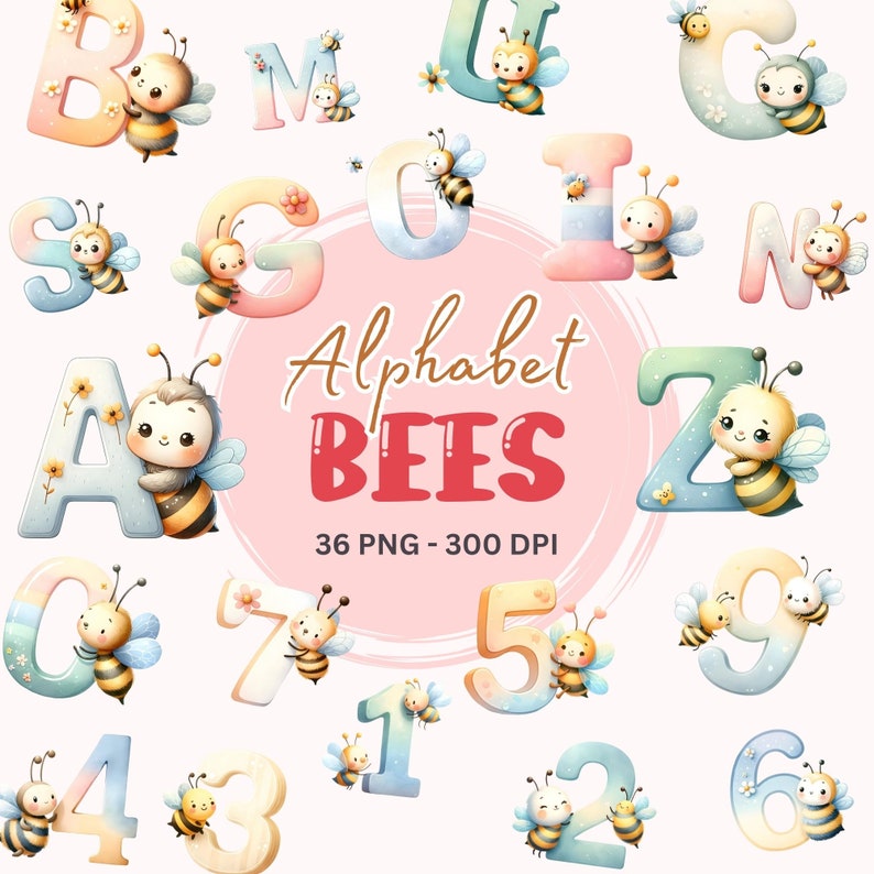 Watercolor Bee Alphabet Number Clipart PNG, Alphabet Png, Bumble Bee ...
