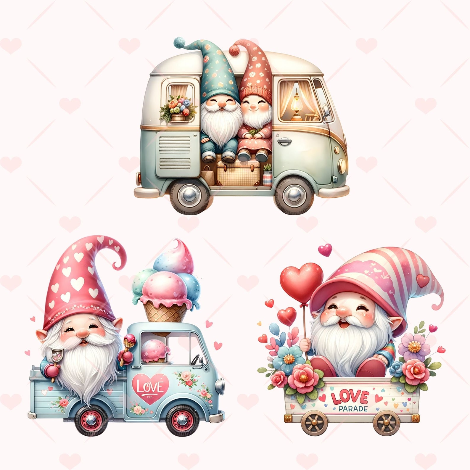 Watercolor Gnome Valentine Clipart, Watercolor Clipart, Vehicle Clipart ...