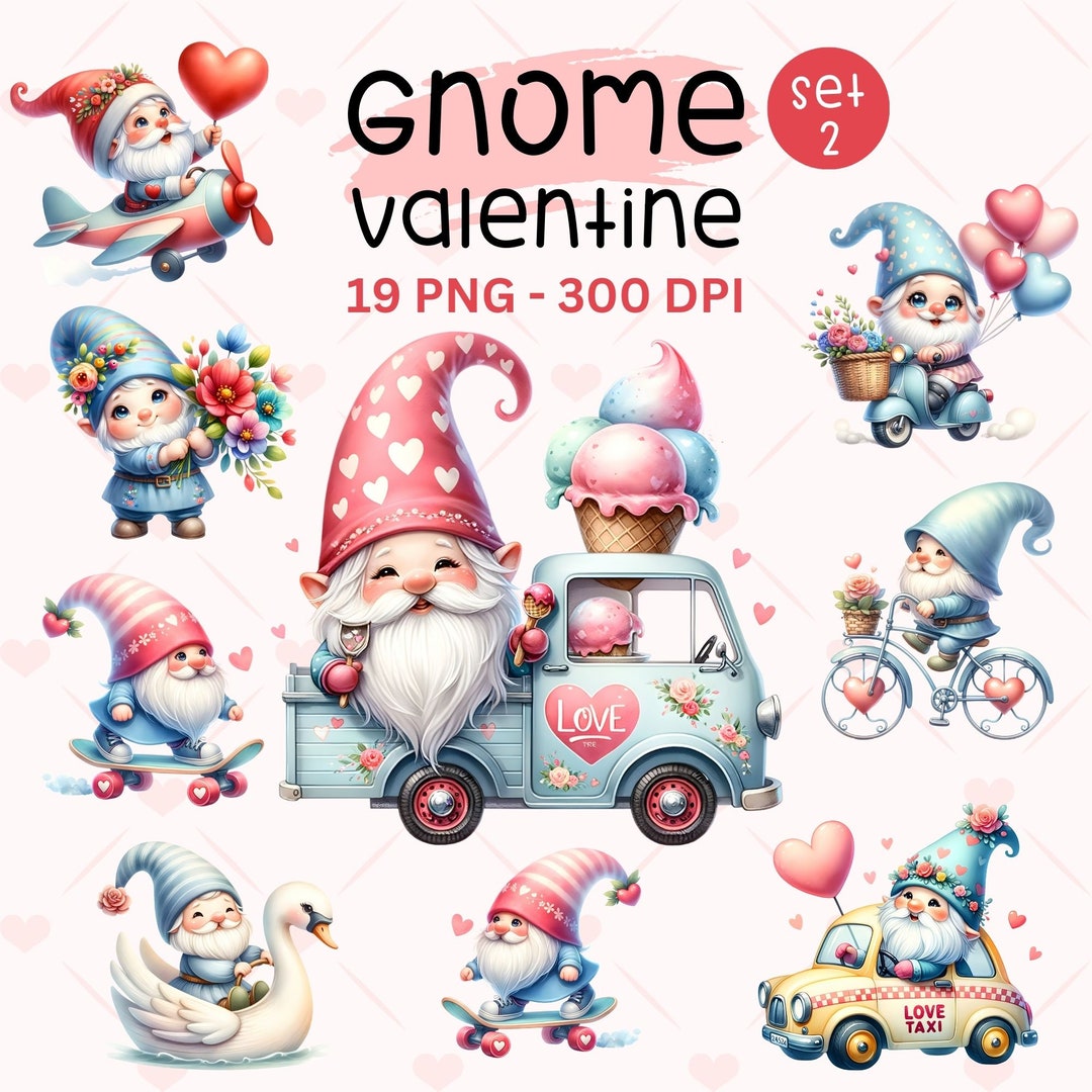 Watercolor Gnome Valentine Clipart, Watercolor Clipart, Vehicle Clipart ...
