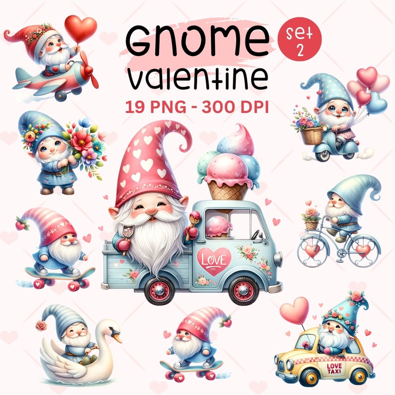 Watercolor Gnome Valentine Clipart, Watercolor Clipart, Vehicle Clipart ...