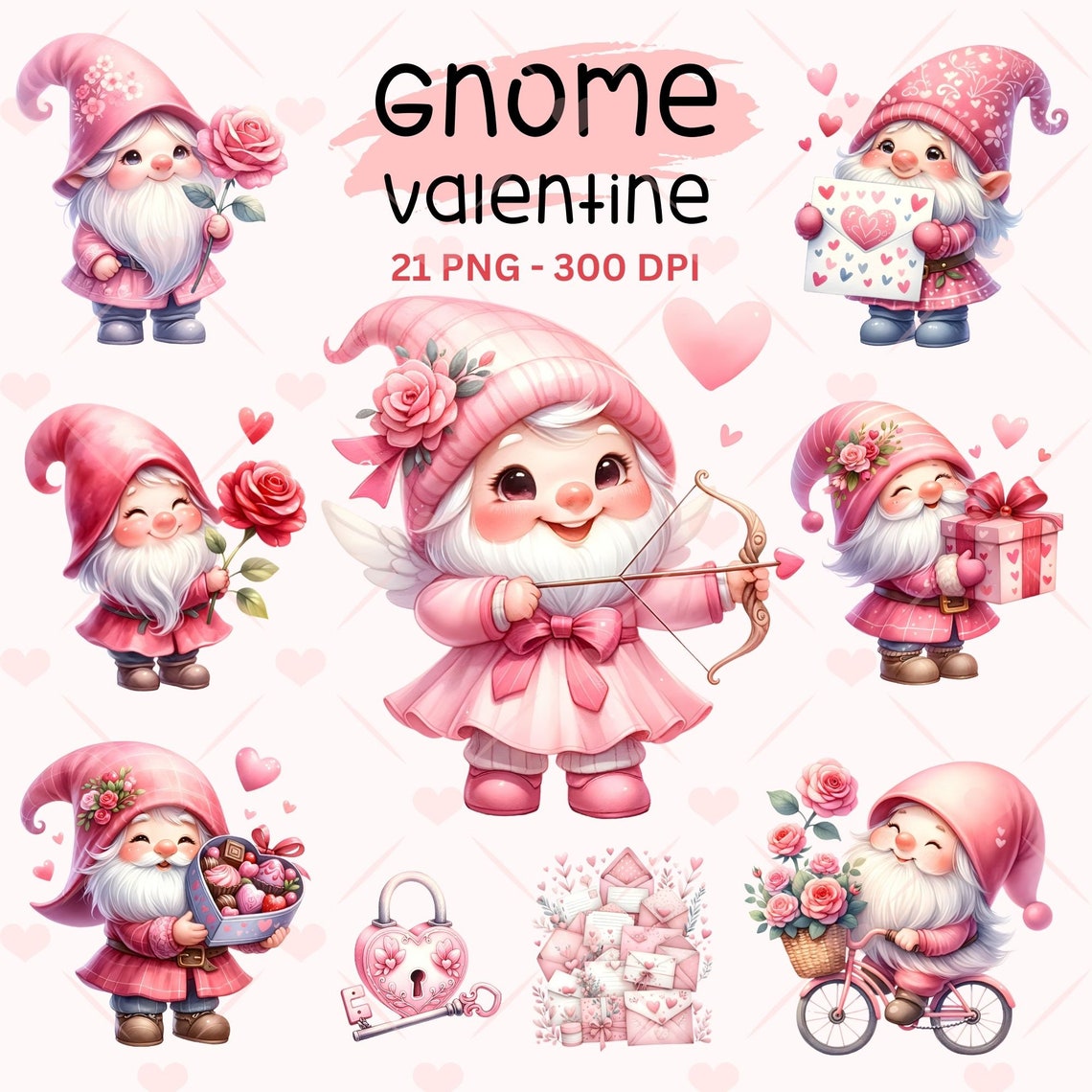 Watercolor Gnome Valentine Clipart, Watercolor Valentine Clipart ...