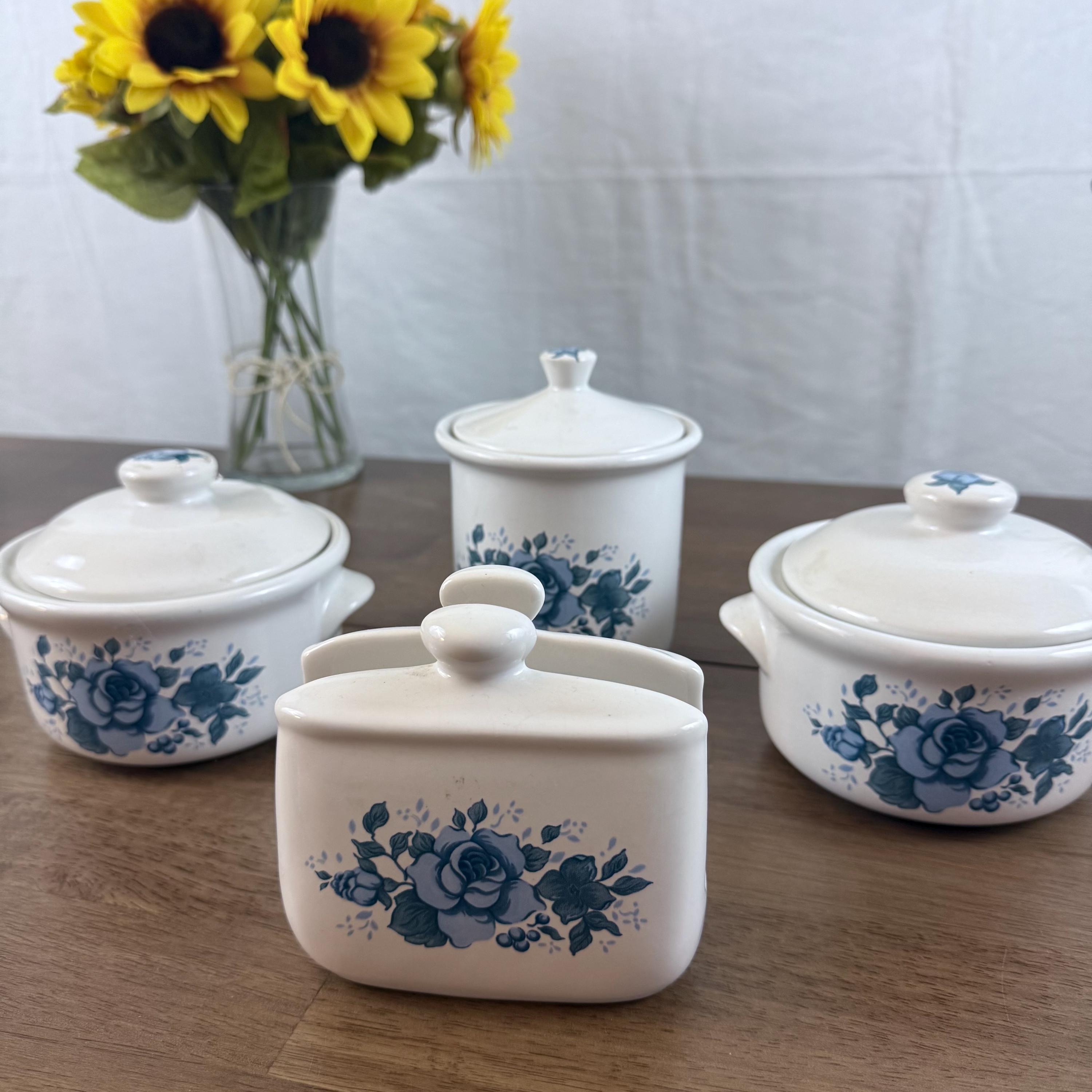 Rare Corelle Blue Velvet Rose Swirl Canister Set With Lids Napkin ...
