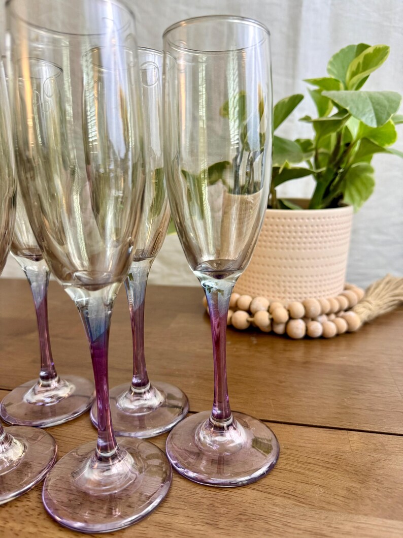 Set of 5 Vintage Libbey Purple Stem Champagne Flutes Clear Glass ...