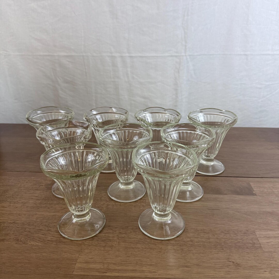 Vintage Parfait Glass Jeanette Glass Ribbed Tulip Stemmed Set of 9 5 1/ ...