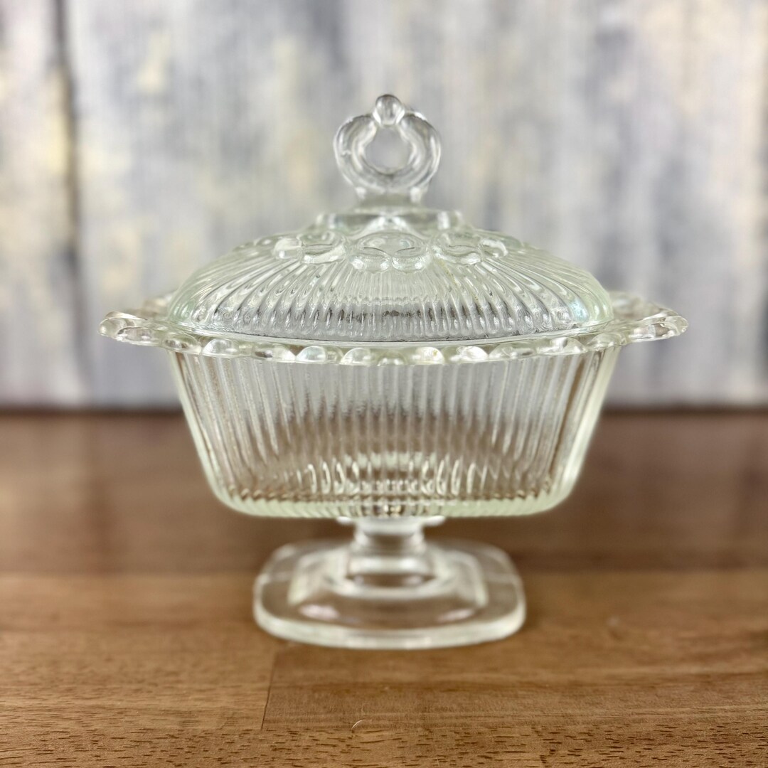 Vintage Indiana Glass Lace Edge Pedestal Compote With Lid Ribbed Clear ...