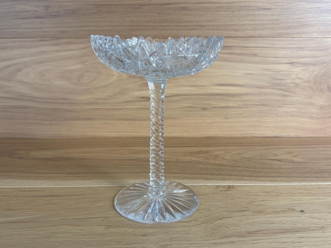 Vintage Compote Dish Glass Crystal Cut Brilliant Tall Twisted Stem ...