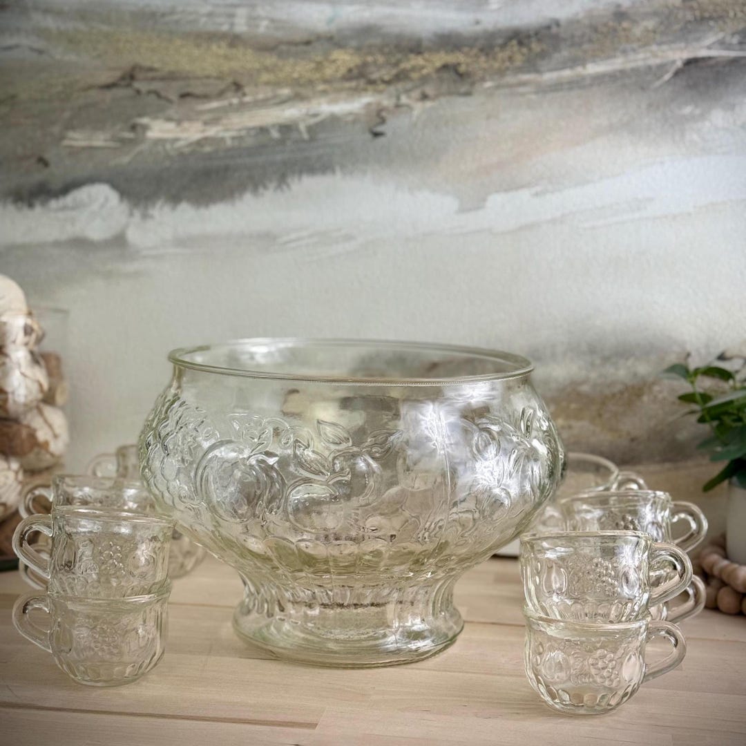 Vintage Punch Bowl Set Jeannette Clear Glass 13 Piece With Matching ...