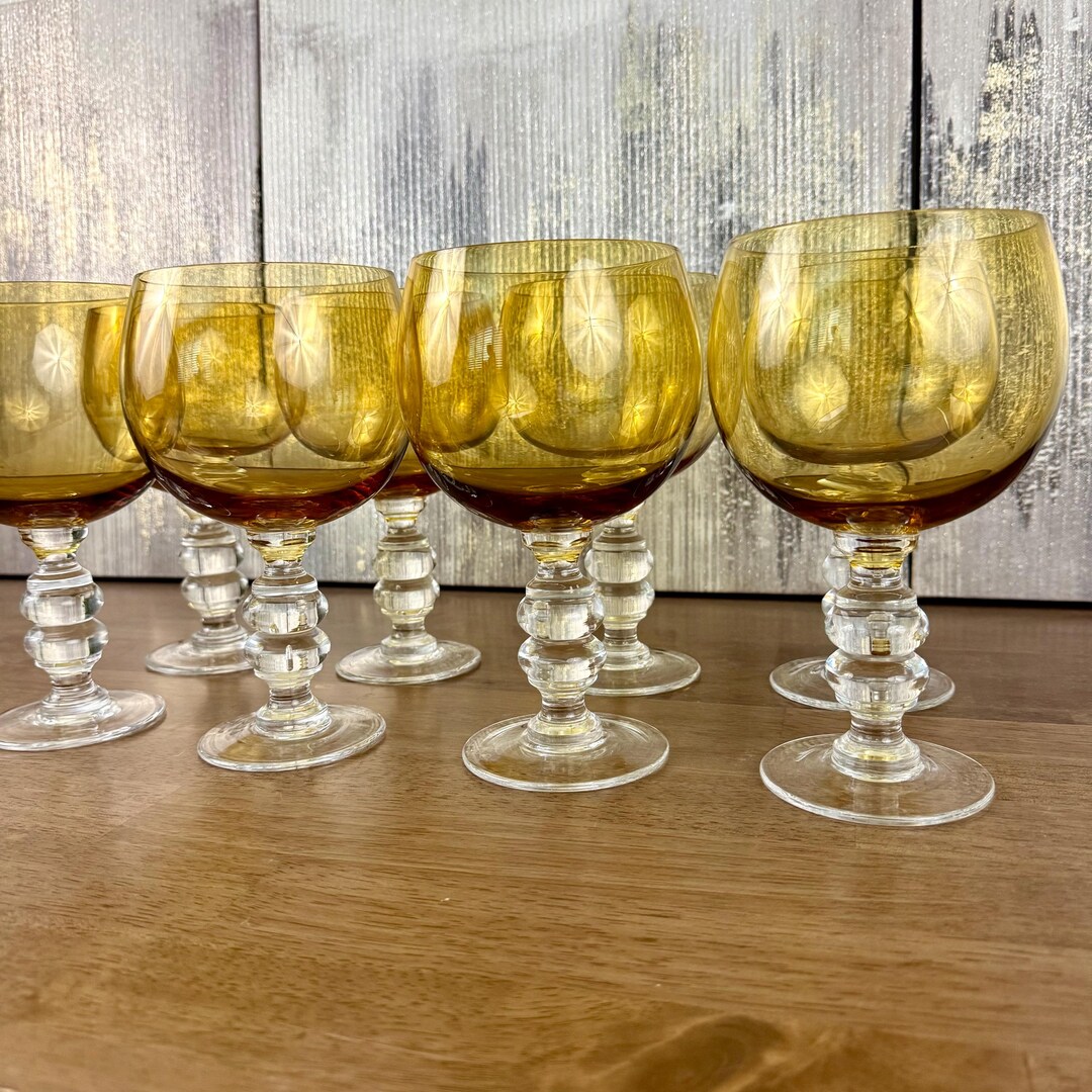 Vintage Amber Goblets Set of 8 Handblown Wine Glasses With Bubble Stems ...