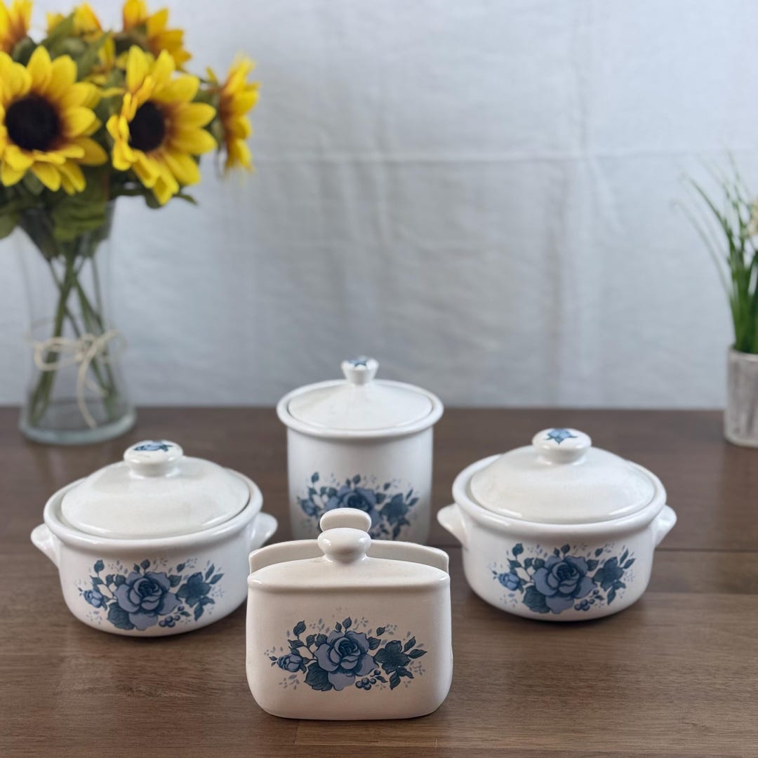 Rare Corelle Blue Velvet Rose Swirl Canister Set With Lids Napkin ...