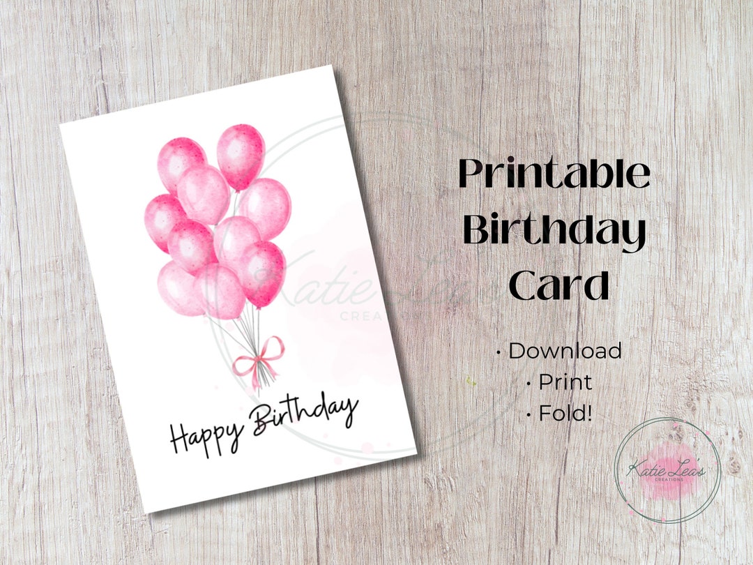 Printable Birthday Card: Pink Balloons & Bow (PDF) - Etsy