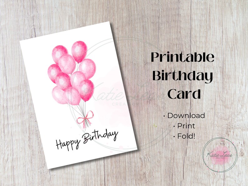 Printable Birthday Card: Pink Balloons & Bow (PDF) - Etsy