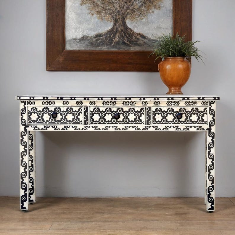 Bone Inlay Console Table With Floral Pattern – Handmade 3 Drawer ...