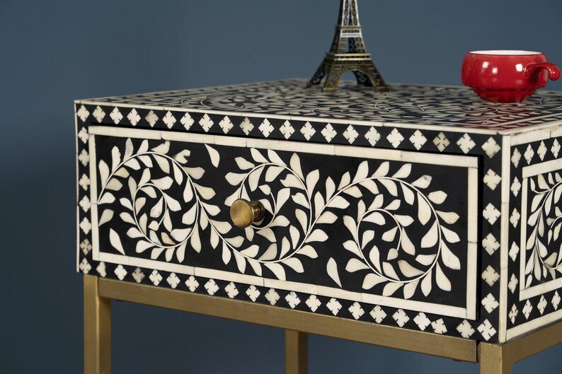 Bone Inlay Bedside Table – Floral 1 Drawer Nightstand With Brass Iron ...
