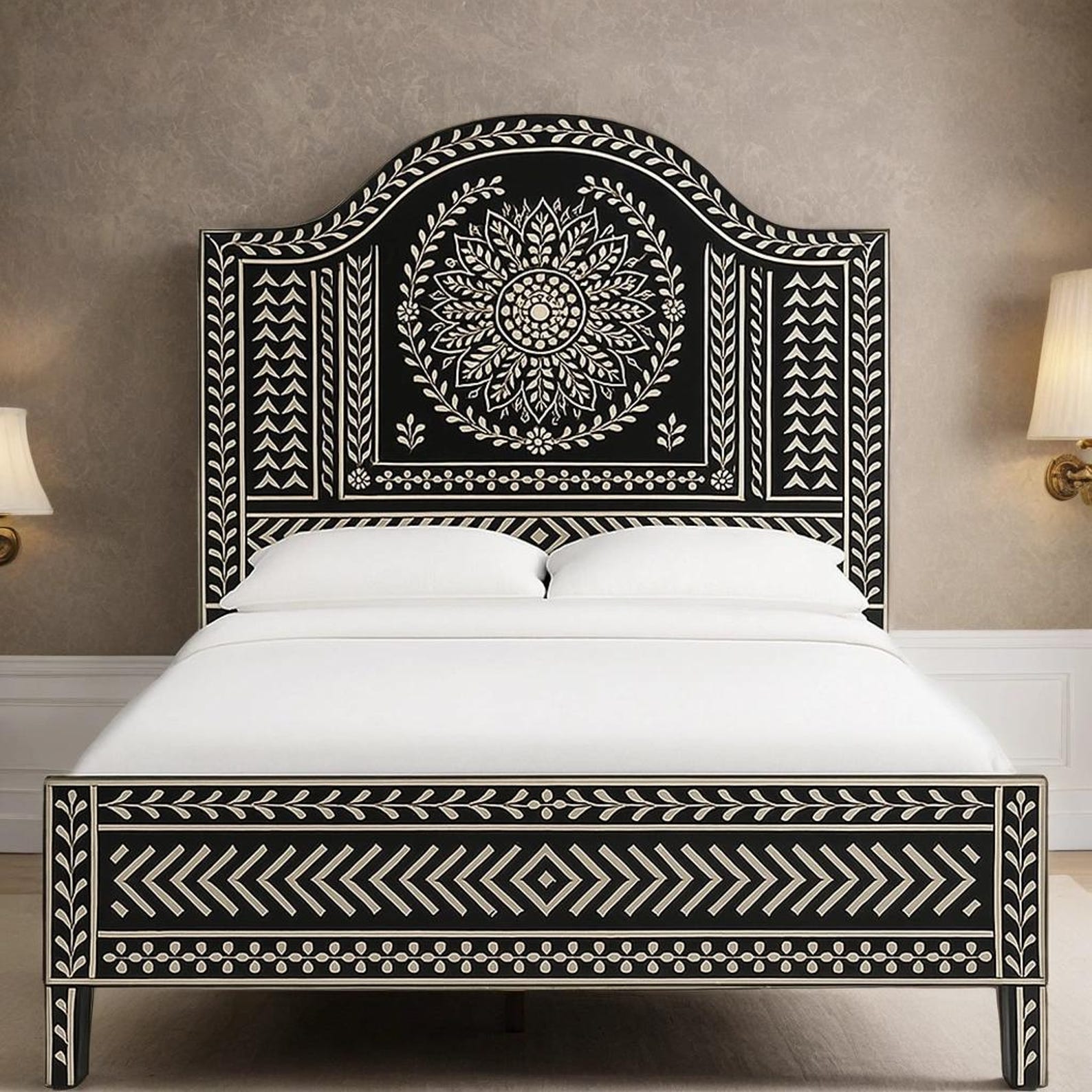 Handmade Bone Inlay Bed Frame, Black Floral Inlay Boho Bed, Indian ...