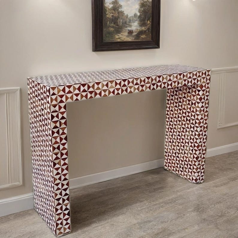 Handmade Bone Inlay Modern Console Table – Geometric Red & White Inlay ...