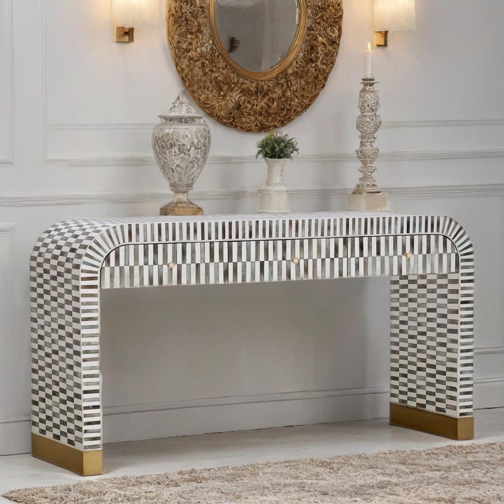 Blue Bone Inlay Console Table – Handmade 2 Drawer Modern Inlay ...