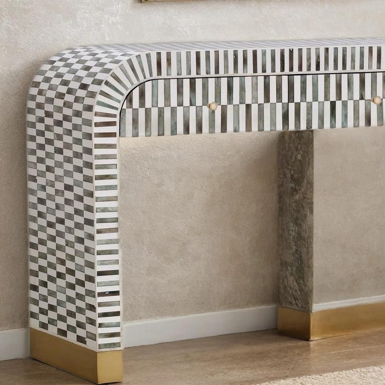 Blue Bone Inlay Console Table – Handmade 2 Drawer Modern Inlay ...