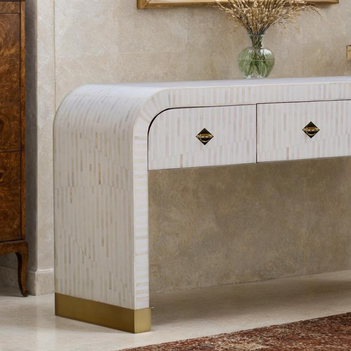 Handmade Bone Inlay Waterfall Console Table – 3 Drawer Entryway Table ...