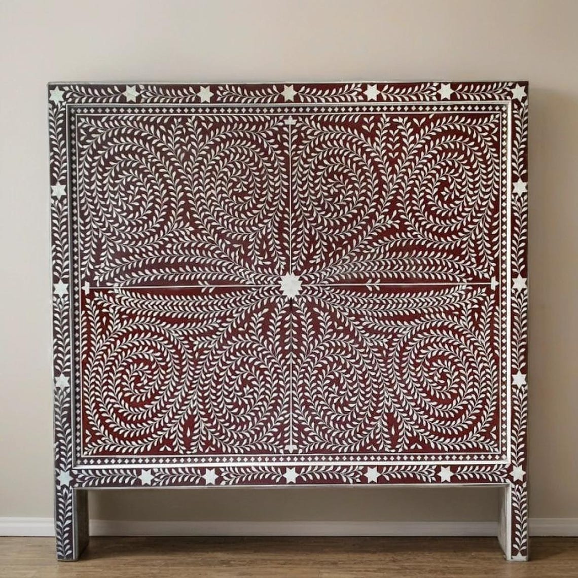 Bone Inlay Headboard – Handmade Floral Pattern Bed Headboard, Boho ...