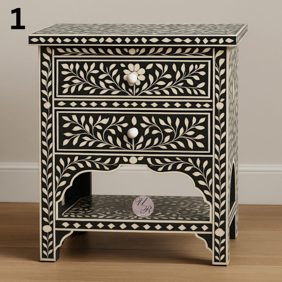 Handmade Bone Inlay Bedside Tables – Bohemian Nightstands With Floral ...