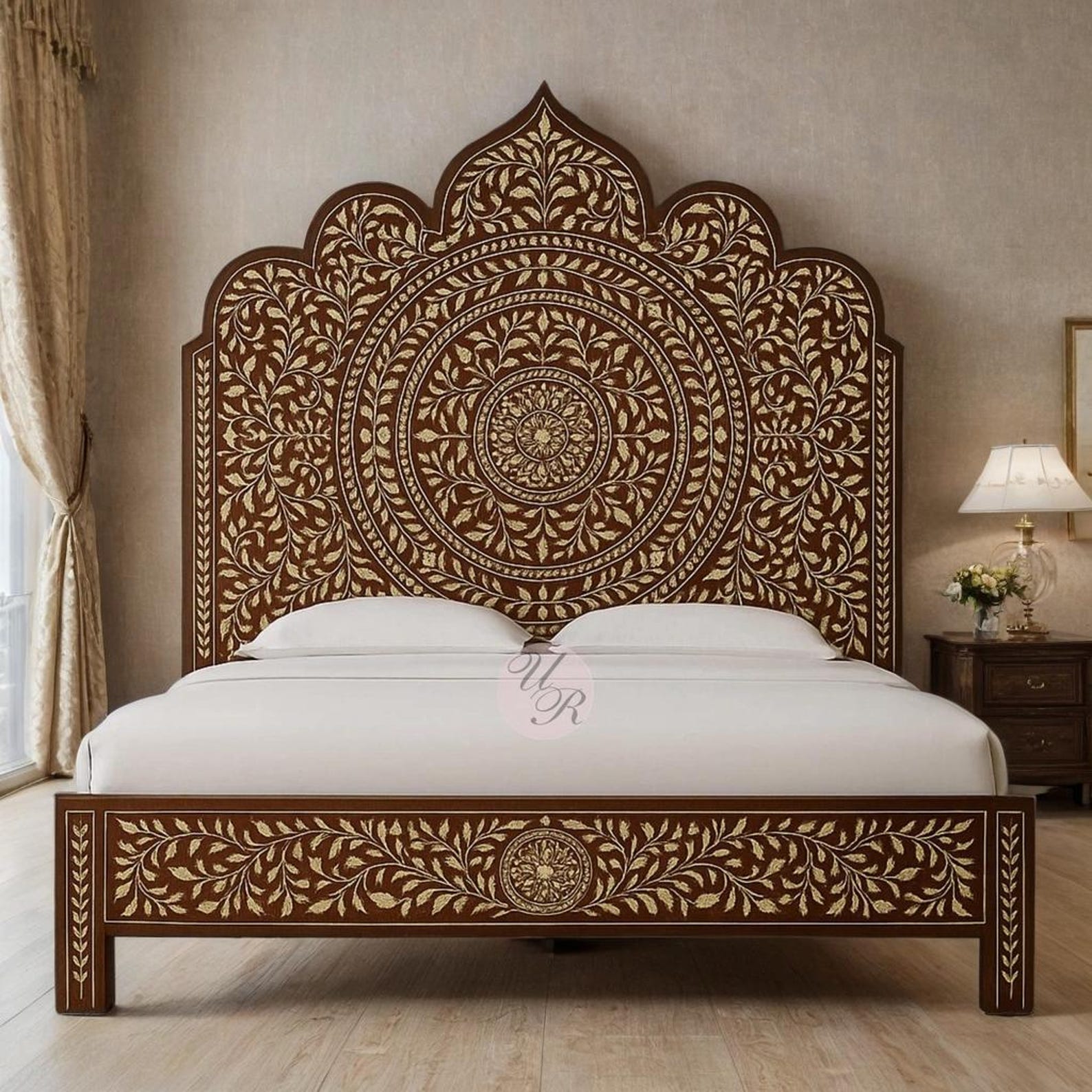 Handmade Bone Inlay Teak Wood Bed, Carved Inlay Boho Bed Frame, Luxury ...