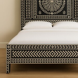Handmade Bone Inlay Bed Frame, Black Floral Inlay Boho Bed, Indian ...