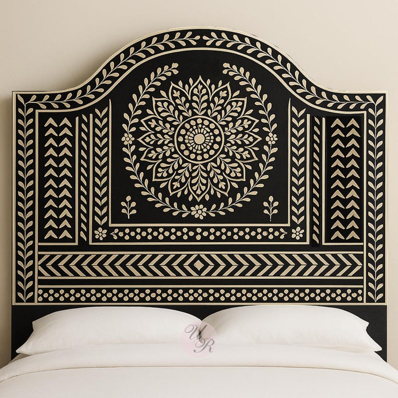 Handmade Bone Inlay Bed Frame, Black Floral Inlay Boho Bed, Indian ...