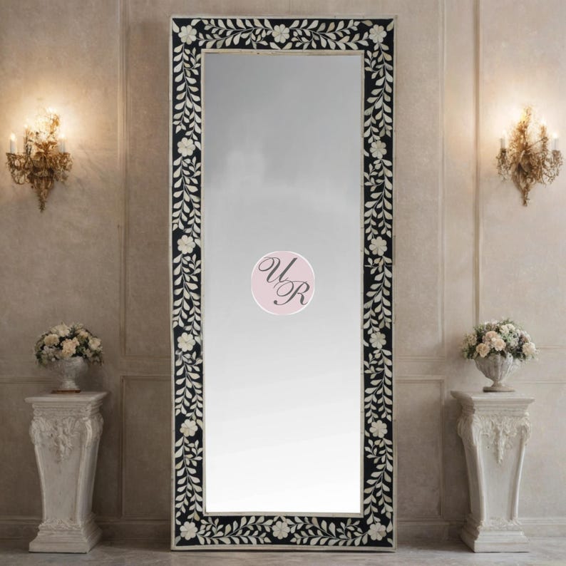 Handmade Black Bone Inlay Mirror Frame | Floral Design Frame Only ...