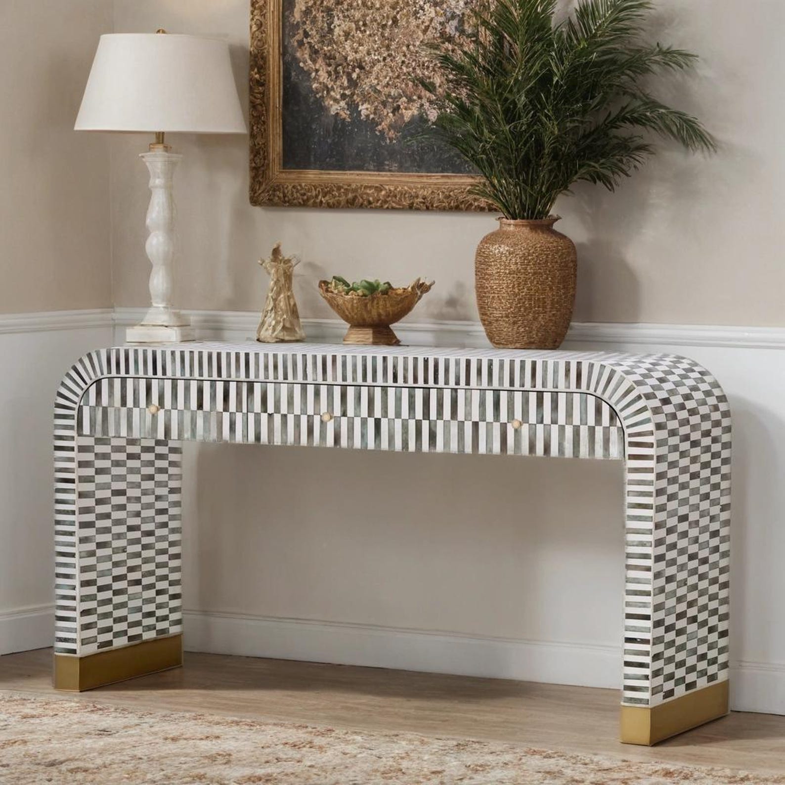 Blue Bone Inlay Console Table – Handmade 2 Drawer Modern Inlay ...