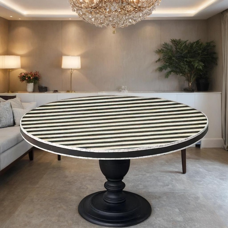 Handmade Bone Inlay Round Dining Table: Black & White Stripe, Modern ...
