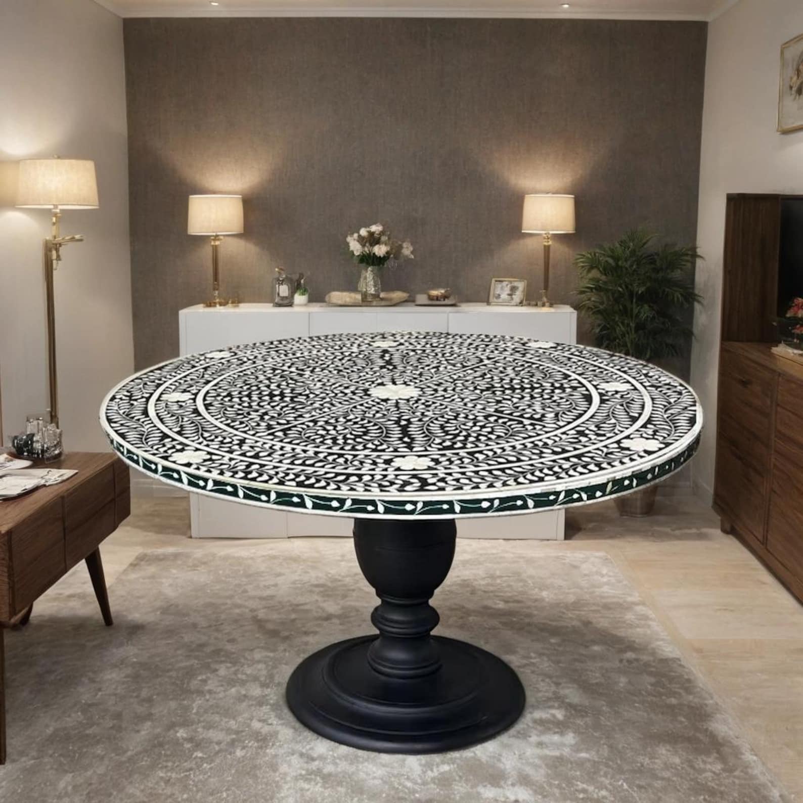Handmade Bone Inlay Floral Dining Table – Round Black & White Inlay ...