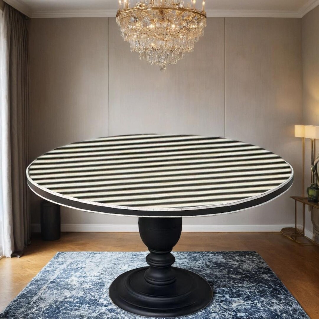 Handmade Bone Inlay Round Dining Table: Black & White Stripe, Modern ...
