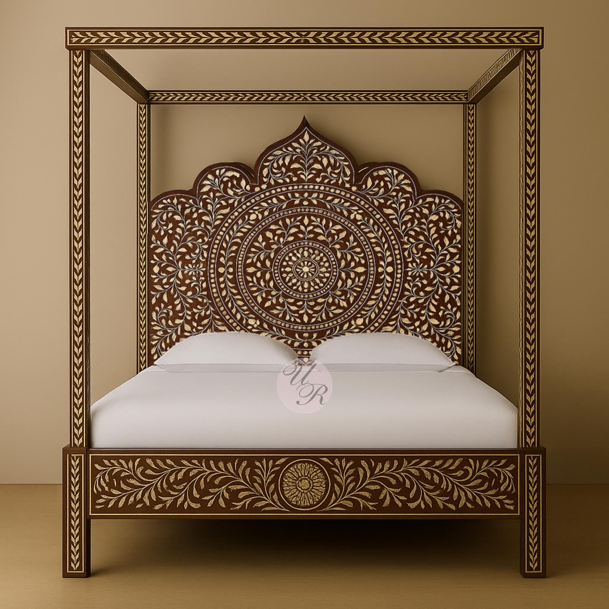 Handmade Bone Inlay Teak Wood Canopy Bed, Boho Four Poster Bed Frame ...
