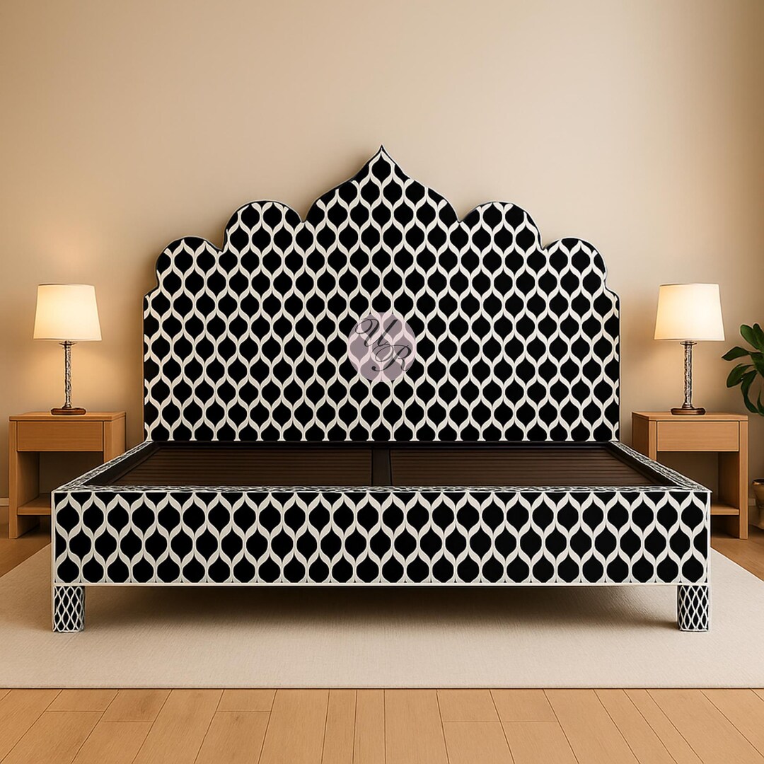 Handmade Black & White Bone Inlay Bed | Geometric Design Headboard ...