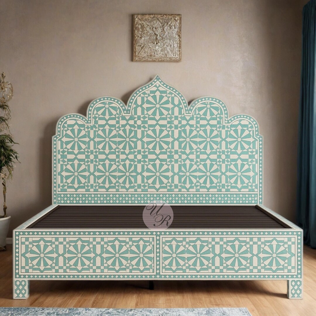 Handmade Bone Inlay Bed With Arrow Pattern, Boho Inlay Bed Frame ...