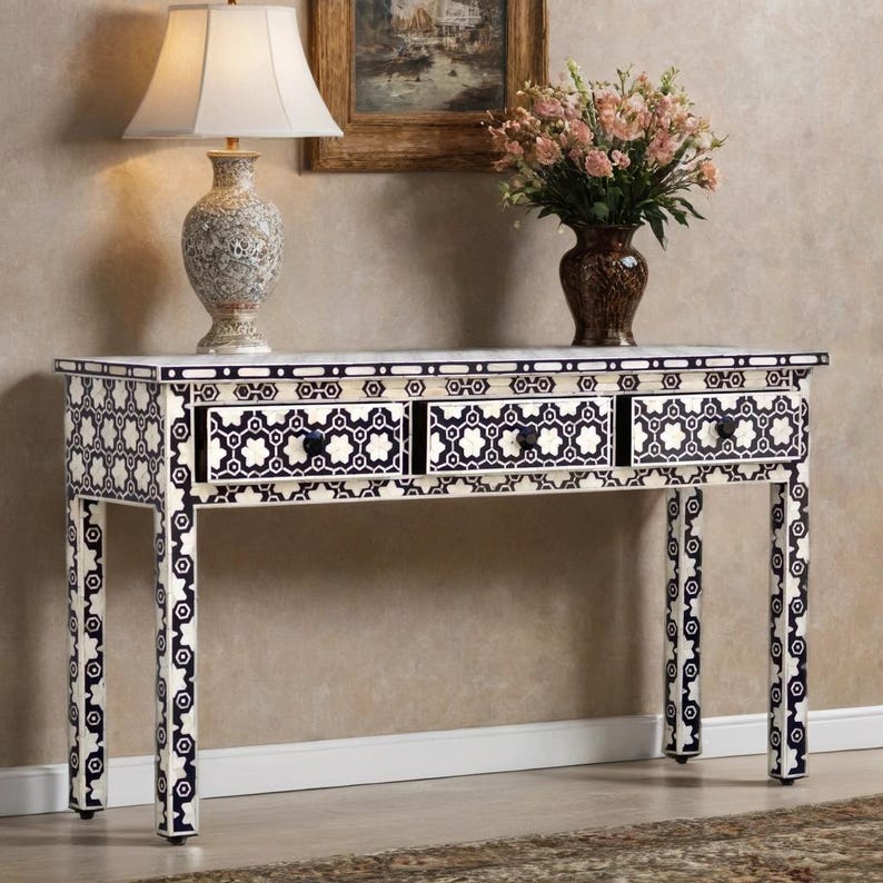 Bone Inlay Console Table With Floral Pattern – Handmade 3 Drawer ...