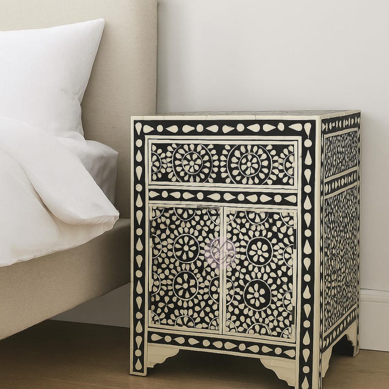 Handmade Bone Inlay Bedside Table Black & White Floral Nightstand - Etsy