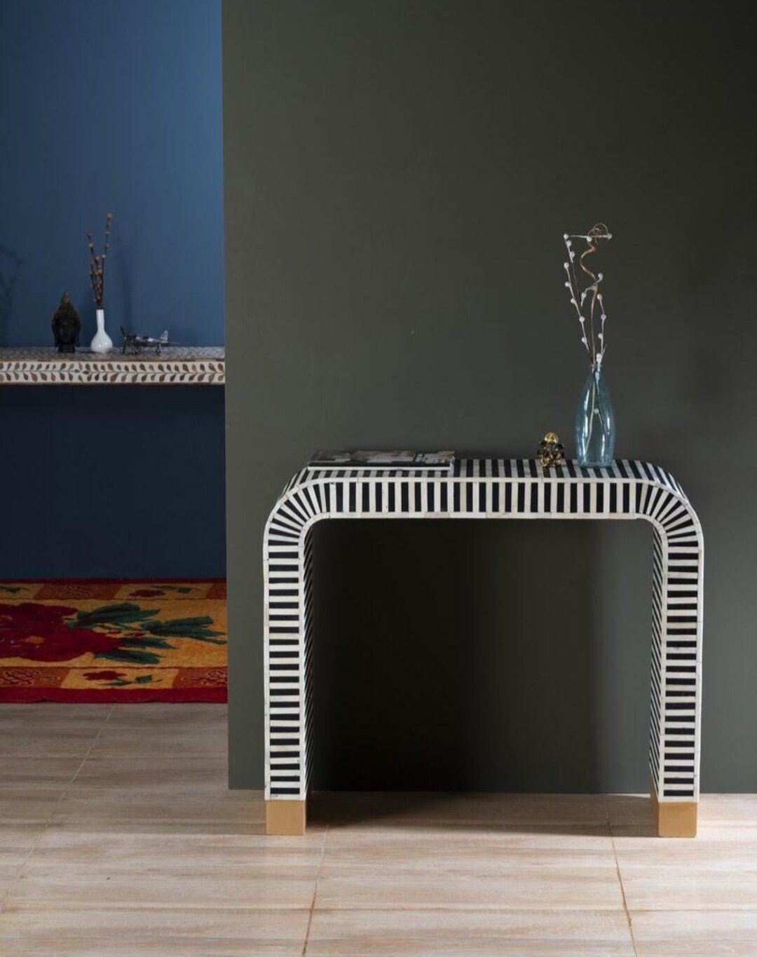 Bone Inlay Waterfall Console Table – Handmade Black & White Striped ...