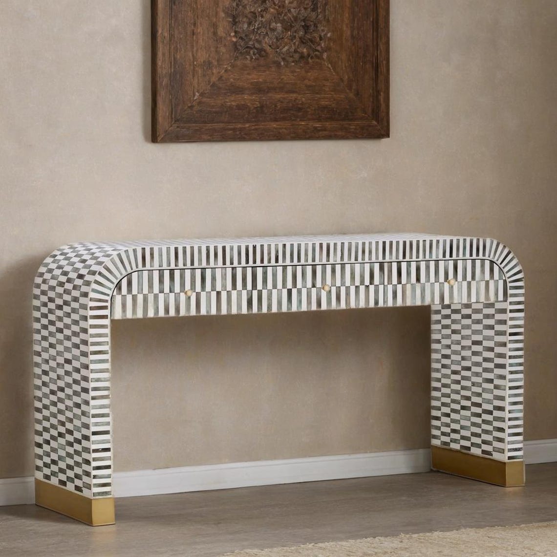 Blue Bone Inlay Console Table – Handmade 2 Drawer Modern Inlay ...