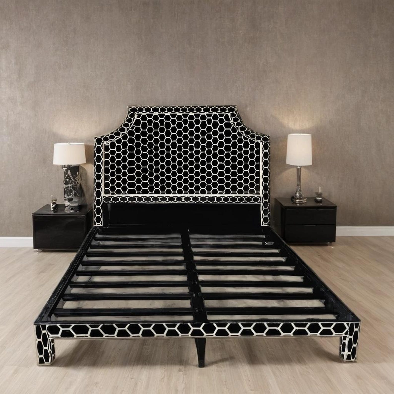 Handmade Black Bone Inlay Bed Frame – Honeycomb Pattern King Bed ...