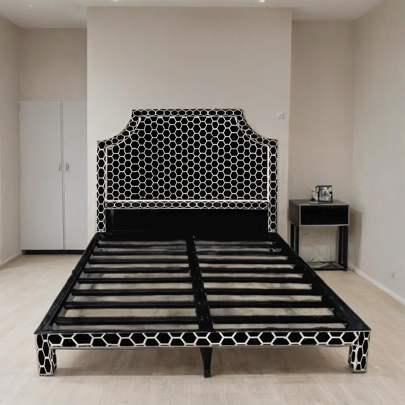 Handmade Black Bone Inlay Bed Frame – Honeycomb Pattern King Bed ...