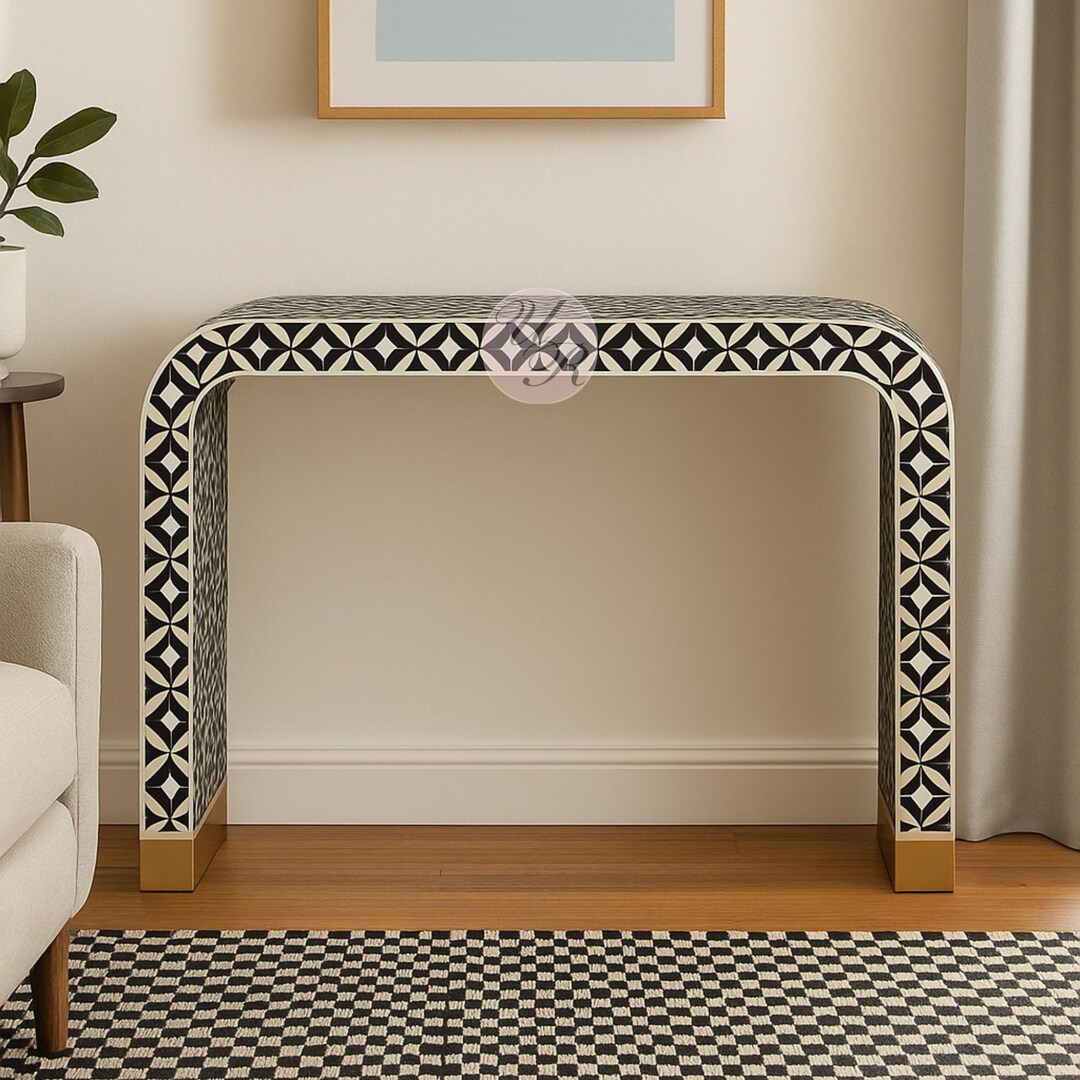 Black Bone Inlay Console Table – Handmade Geometric Design, Narrow ...