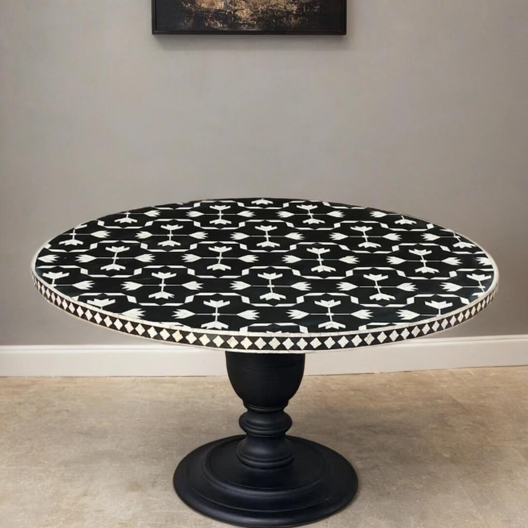 Handmade Bone Inlay Round Dining Table: Black & White Tribal Design - Etsy