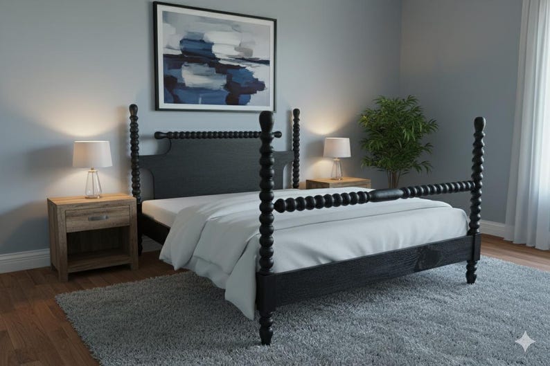 Handmade Black Wooden Spindle Bed Frame | Solid Wood Four Poster Bed ...