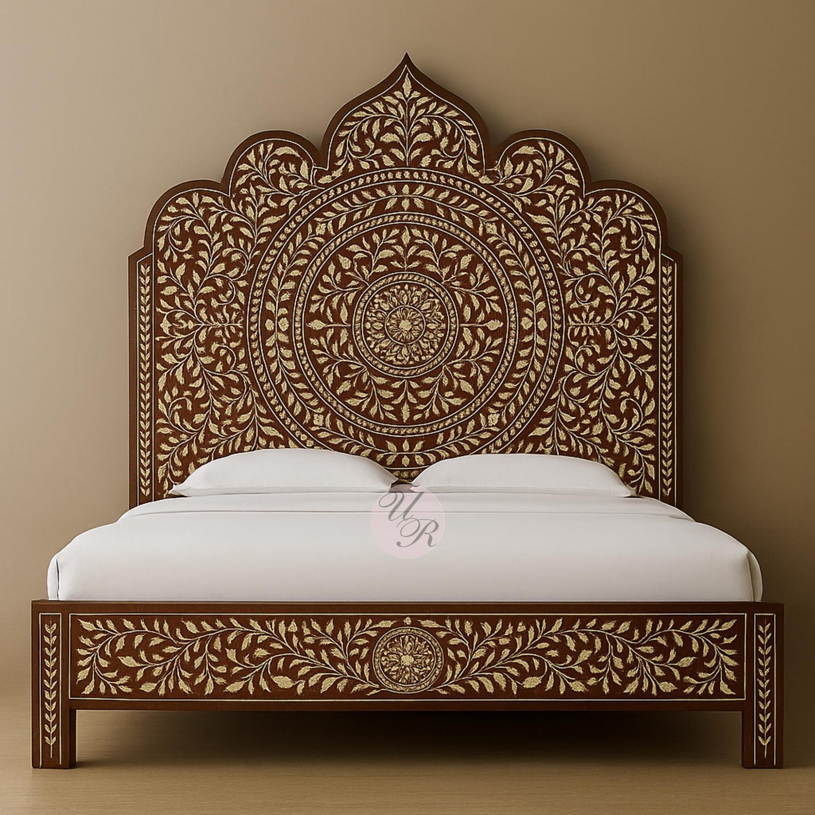 Handmade Bone Inlay Teak Wood Bed, Carved Inlay Boho Bed Frame, Luxury ...