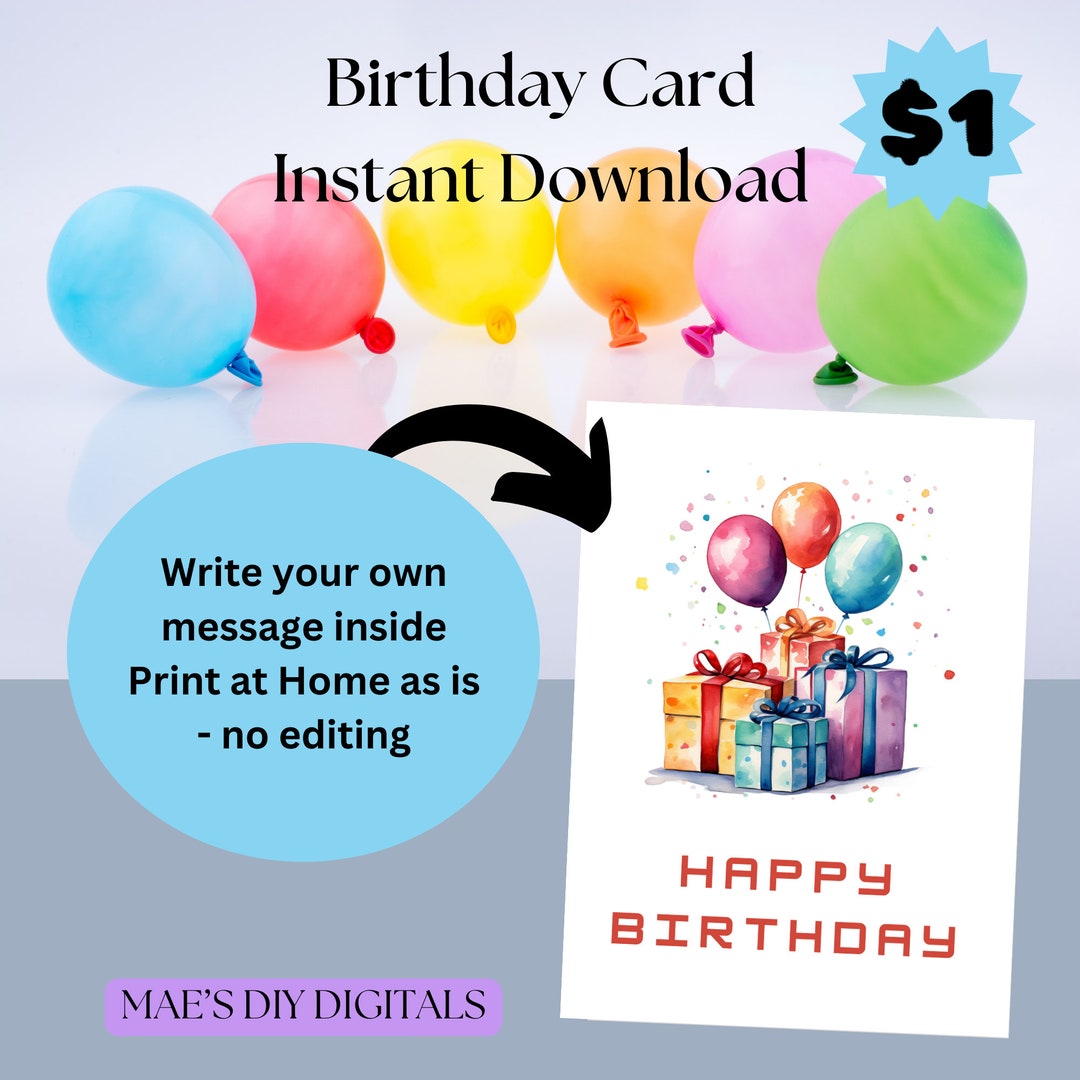 Printable Birthday Card: Balloons and Gifts Design (PDF) - Etsy