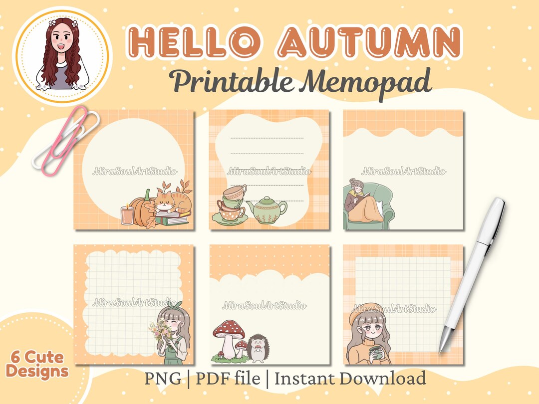 Hello Autumn Memopad, 3x3 Printable Fall Notepad, Kawaii Orange Bullet ...