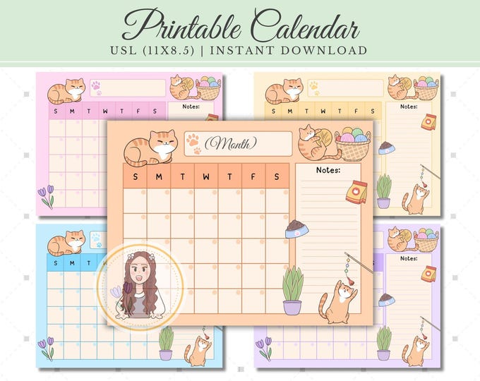 Printable Cute Cat Calendar - Undated Blank Calendar - Kawaii Pastel ...